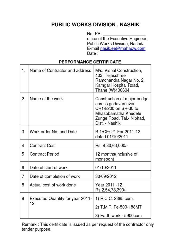 Nashik Bridge Construction Performance Certificate | PDF