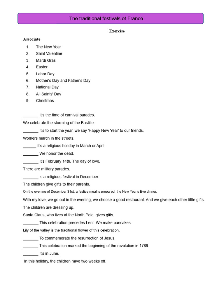 Traditional festivals of France - Exercise | PDF