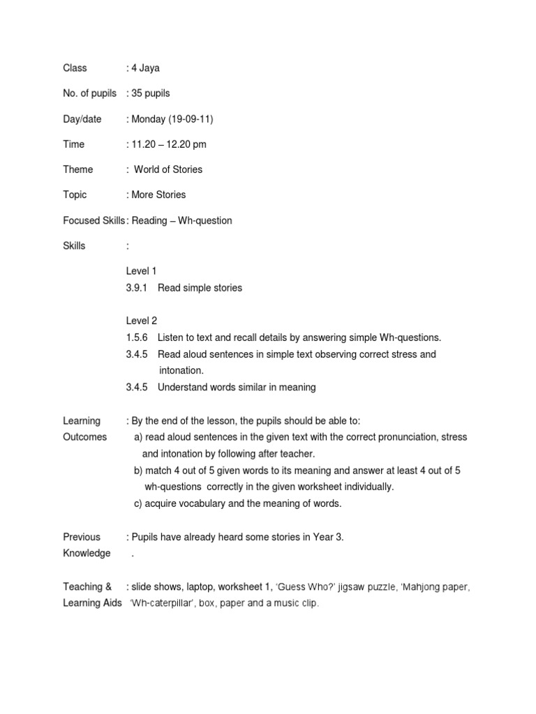 Selfish Giant Lesson Plan for Class 4 | PDF | Question | Cognition