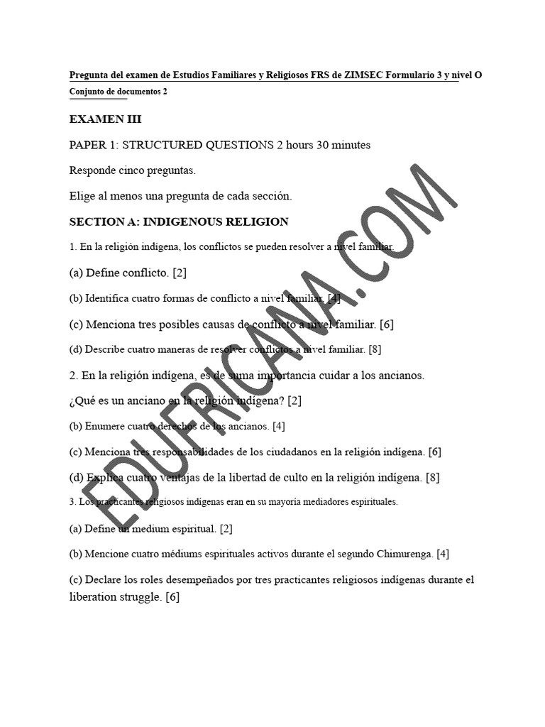ZIMSEC Form 3 y O Nivel Estudios Familiares y Religiosos FRS EXAM ...