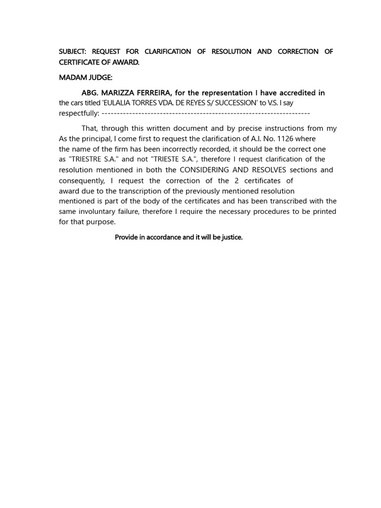 Request For Clarification of Resolution and Correction of Award ...