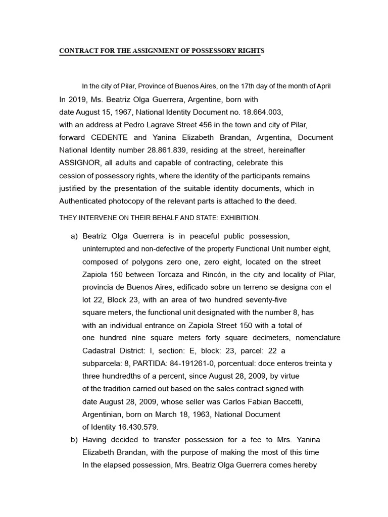 Contract for the Assignment of Possessory Rights | PDF | Assignment ...