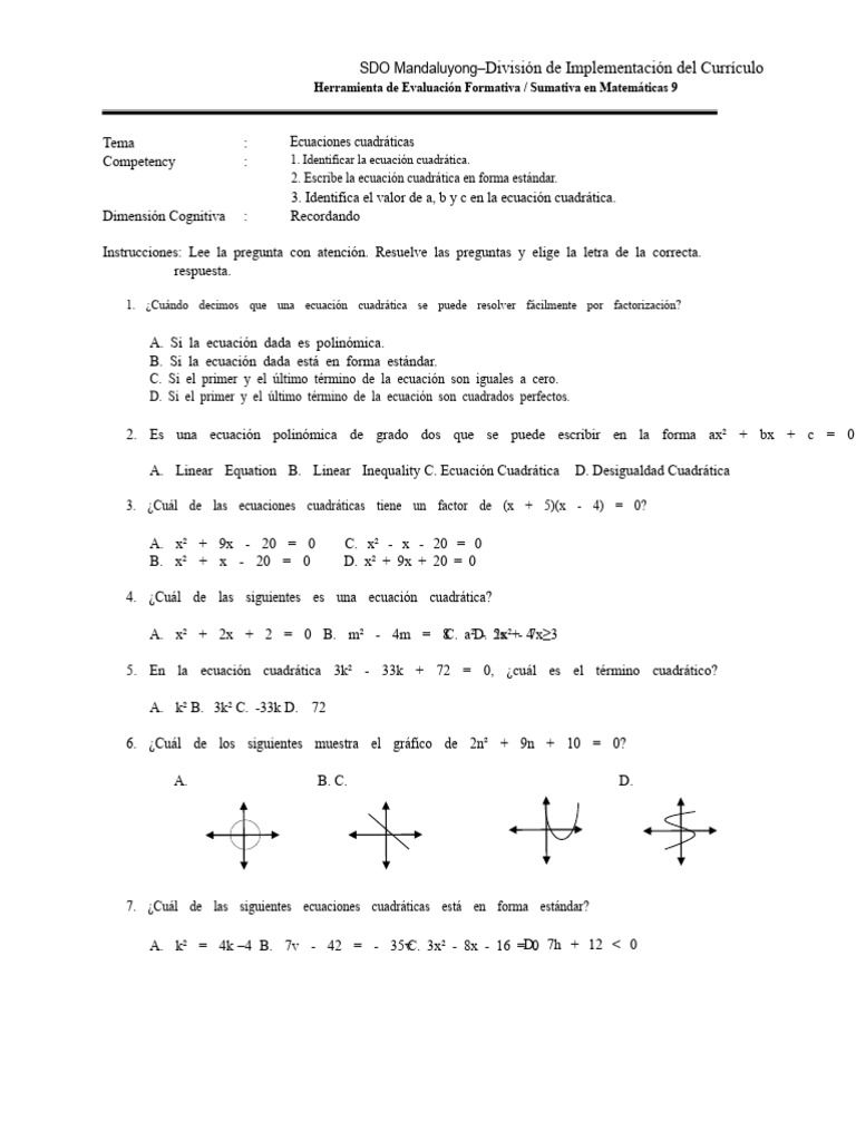 Prueba Sumativa para Ecuaciones Cuadráticas | PDF | Ecuaciones ...