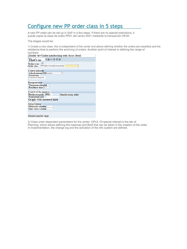 Configure SAP PP Order Class Steps | PDF