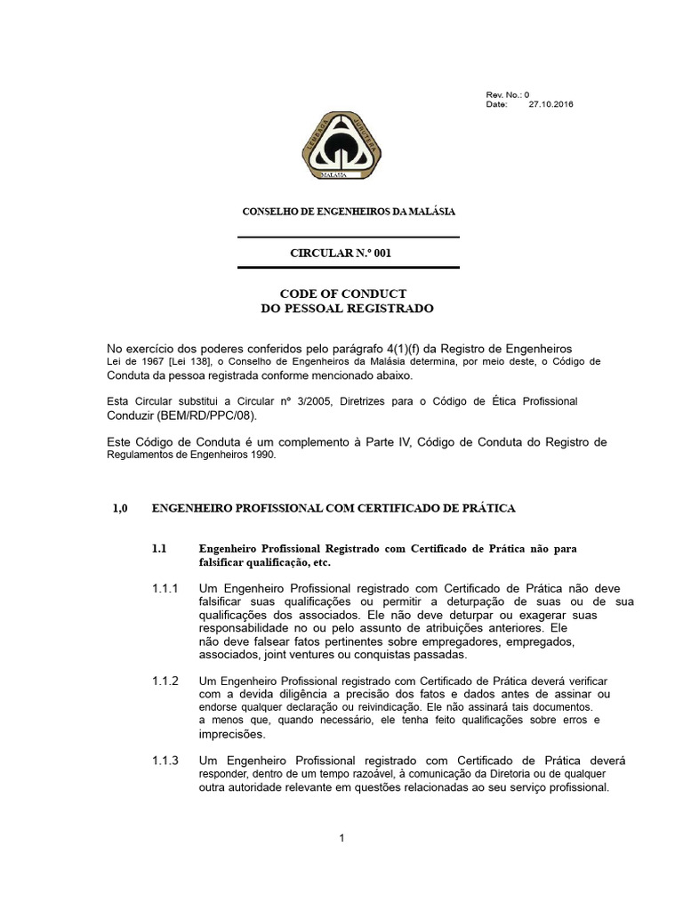 Código de Conduta Profissional BEM - 2016 | PDF | Engenheiro | Engenharia