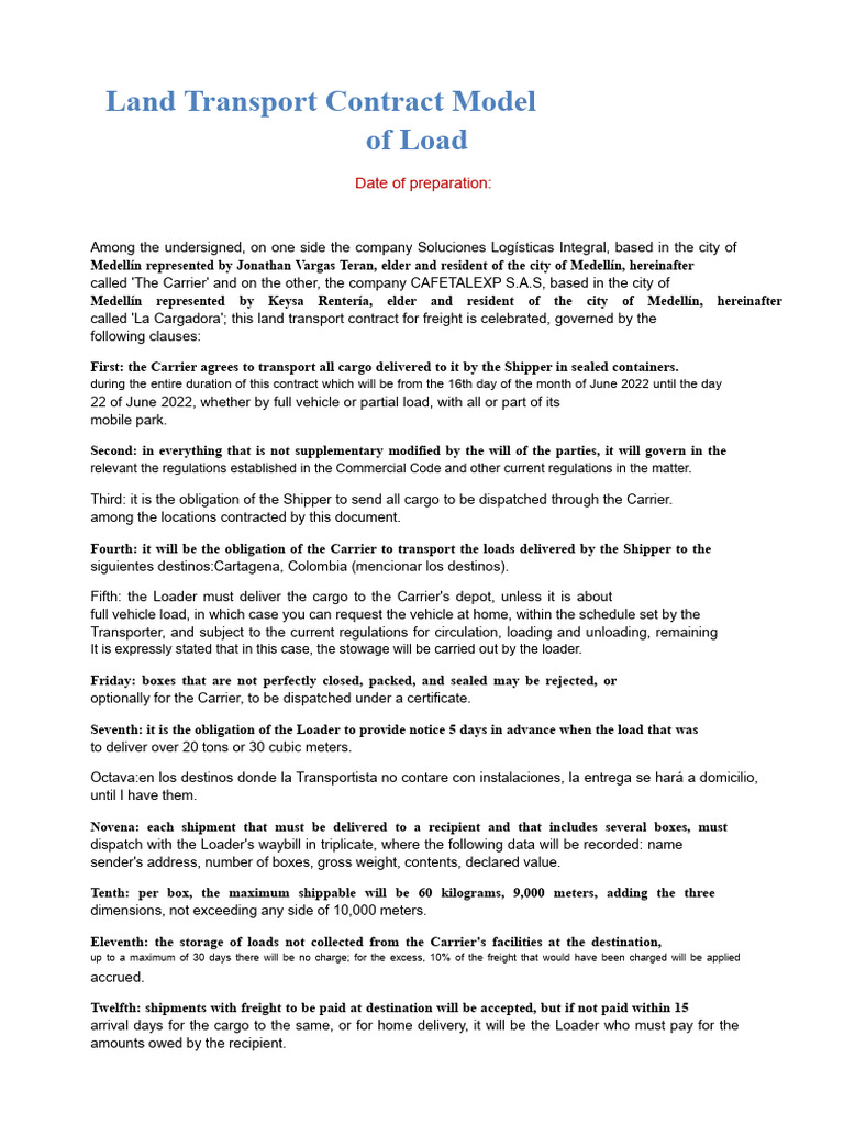 Land Transport Contract Template | PDF | Cargo | Freight Transport