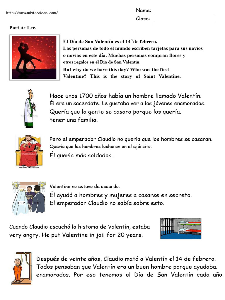 La Historia Del Día de San Valentín Ejercicios de Comprensión Lectora ...