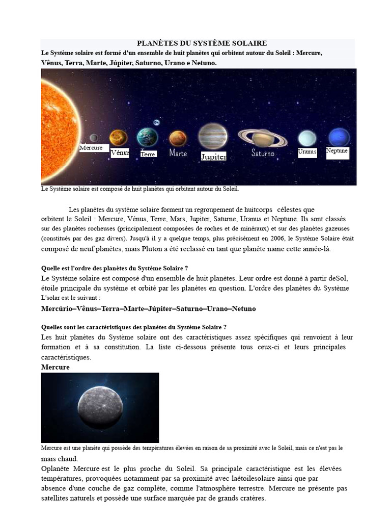 Planètes du Système Solaire : Caractéristiques et Ordre | PDF ...