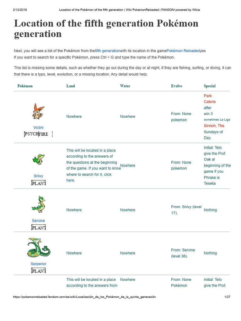 Fifth Generation Pokémon Locations | PDF | Pokémon