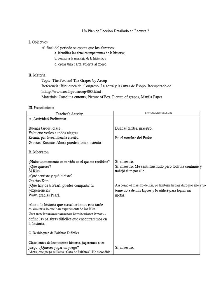 Un Plan de Lección Detallado en Lectura | PDF