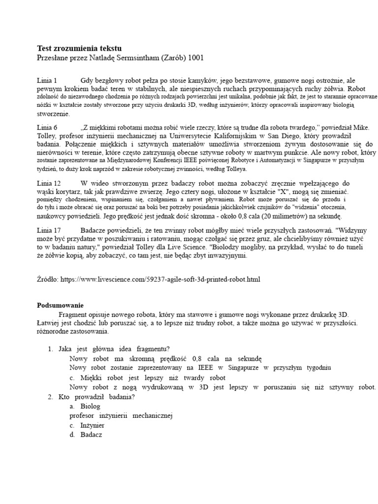 test zrozumienia czytanego | PDF