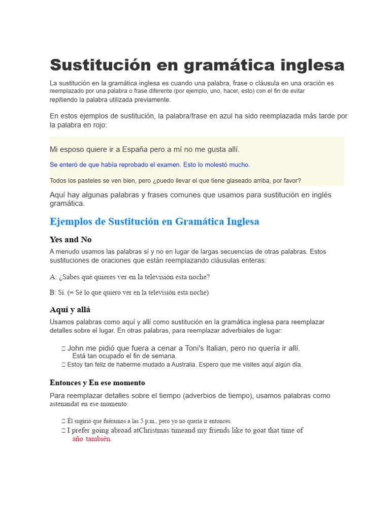 Sustitución en Gramática Inglesa | PDF | Gramática inglesa | Adverbio