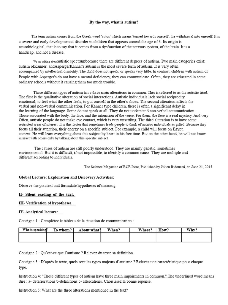 autism, CE, vulgar science, 1st, seq 1 | PDF | Autism | Asperger Syndrome