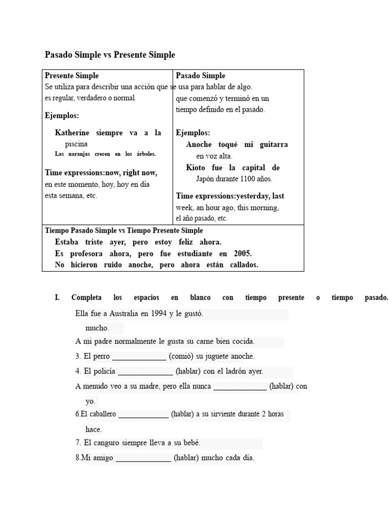 Comparativa entre Pasado y Presente Simple | PDF