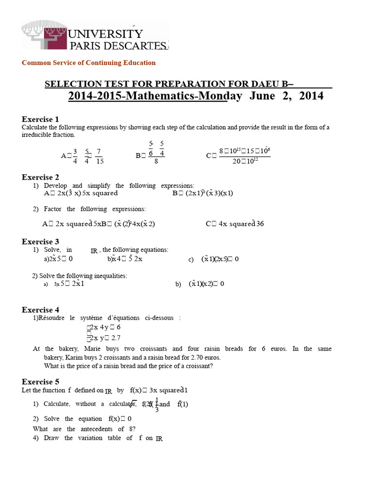 DAEU B Mathematics Preparation Test | PDF