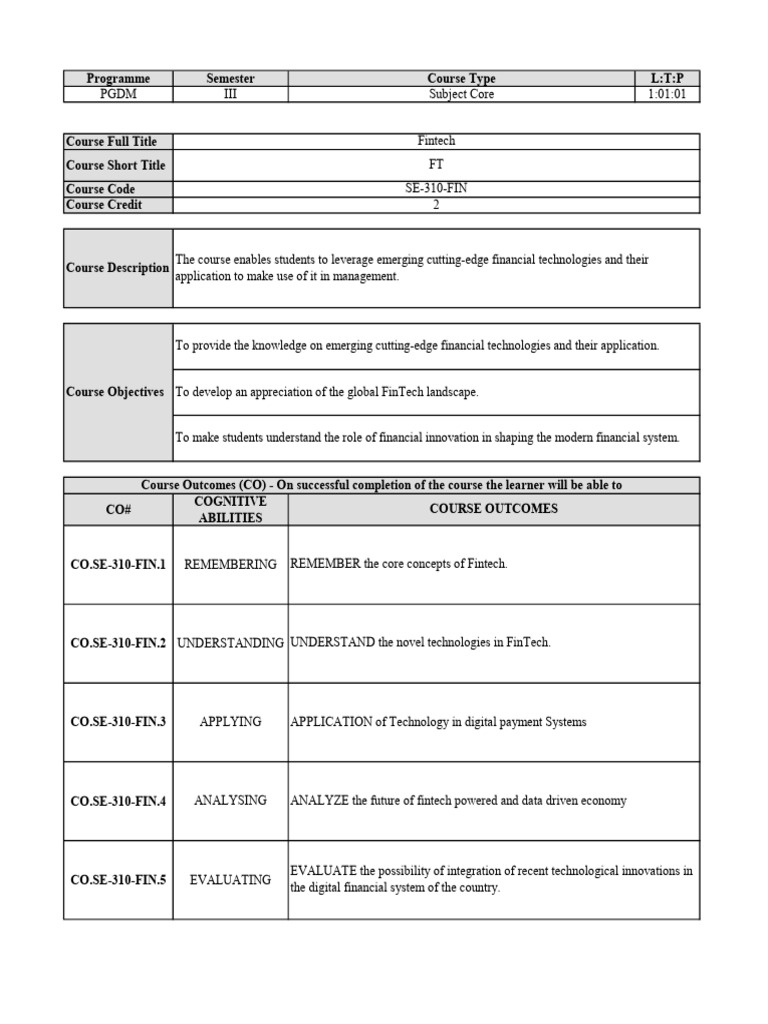 Fintech Course Overview and Outcomes | PDF | Financial Technology ...