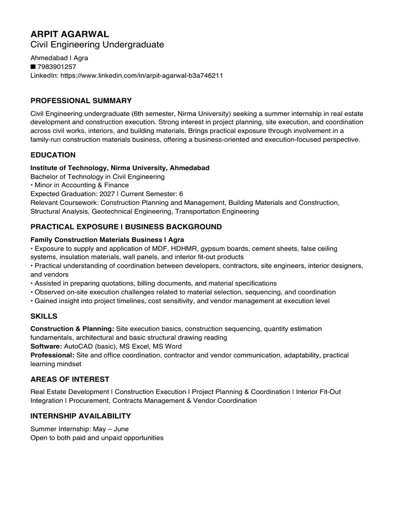 Civil Engineering Intern Seeking Opportunities | PDF