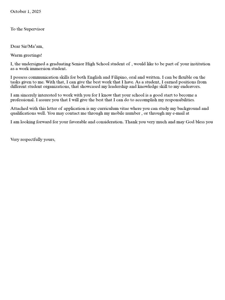 Work Immersion Application Letter | PDF