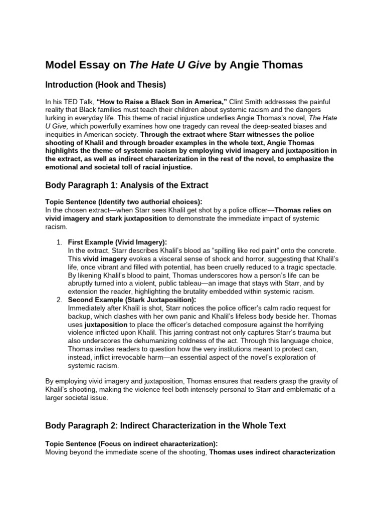 Model Essay on the Hate U Give by Angie Thomas (1) | PDF | Racism ...