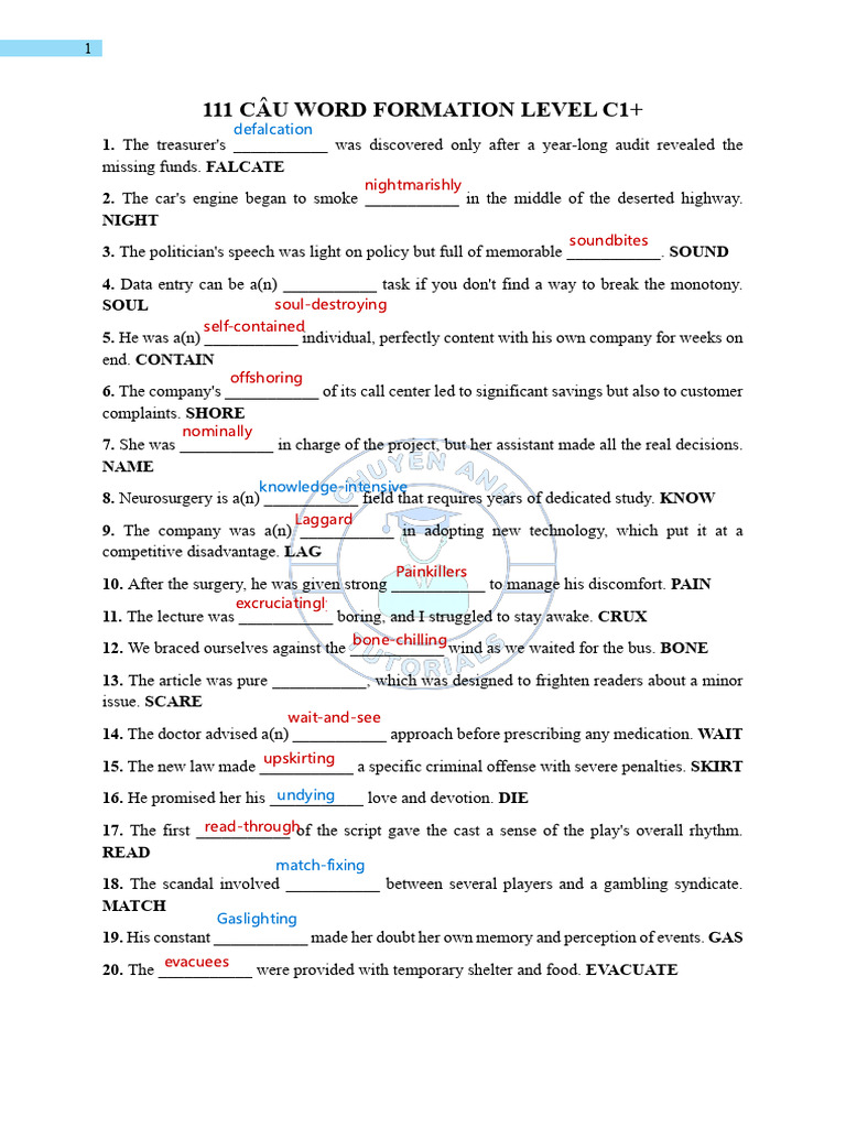 111 Câu Word Formation Level c1+ | PDF