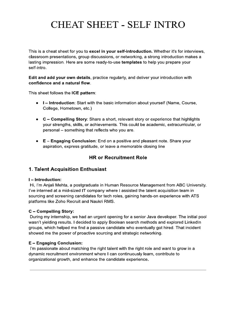 Cheat Sheet Self Intro | PDF