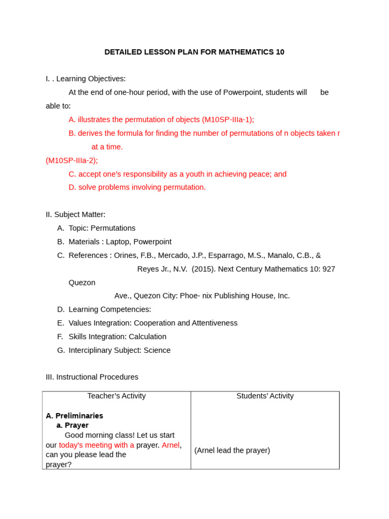 Final Lesson Plan 1 .Docx | PDF | Permutation | Mathematics
