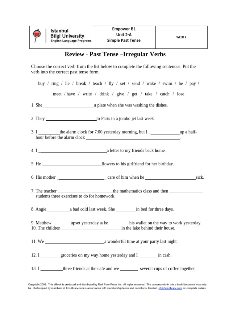 Past Tense Irregular Verbs Exercise | PDF