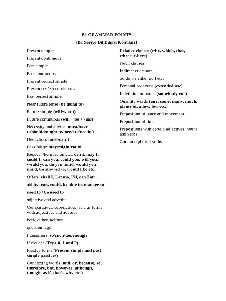 B1 English Grammar Points Overview | PDF