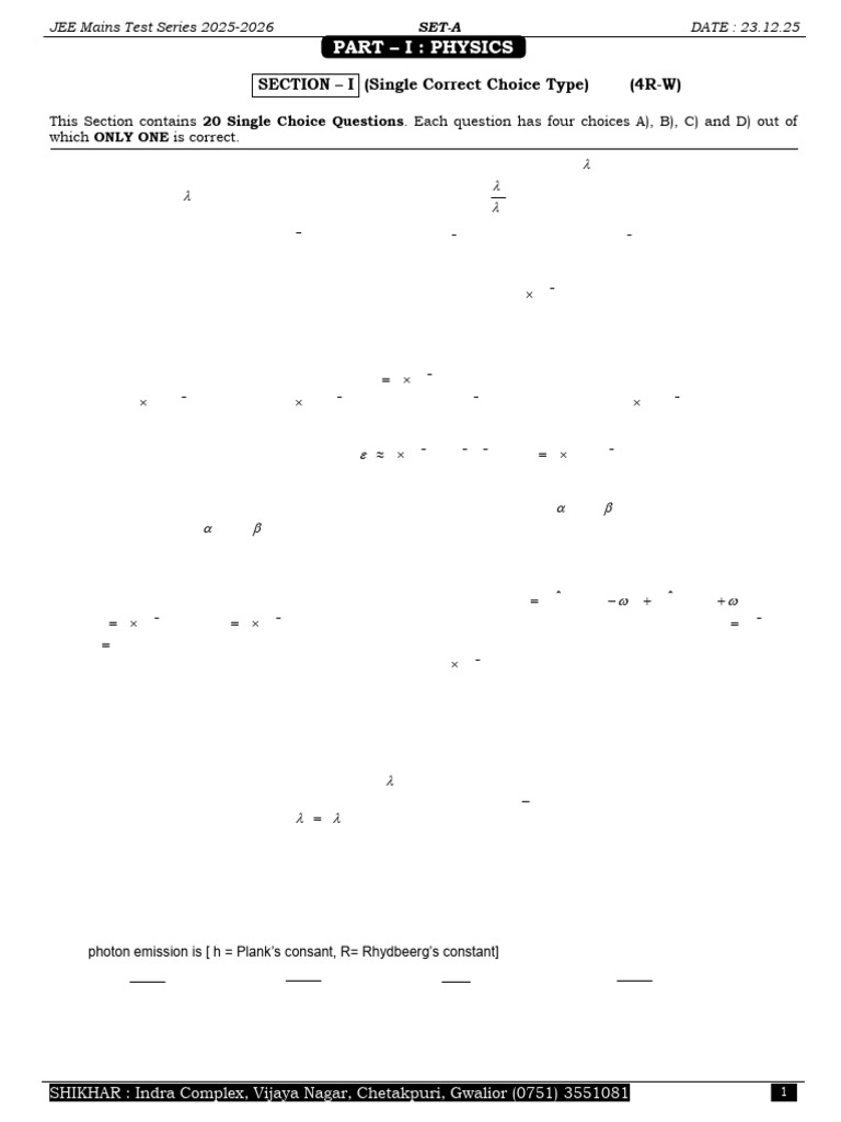 PCM Test Paper JEE Mains-5 (Set-A) (With Answers) 23.12.25 | PDF ...