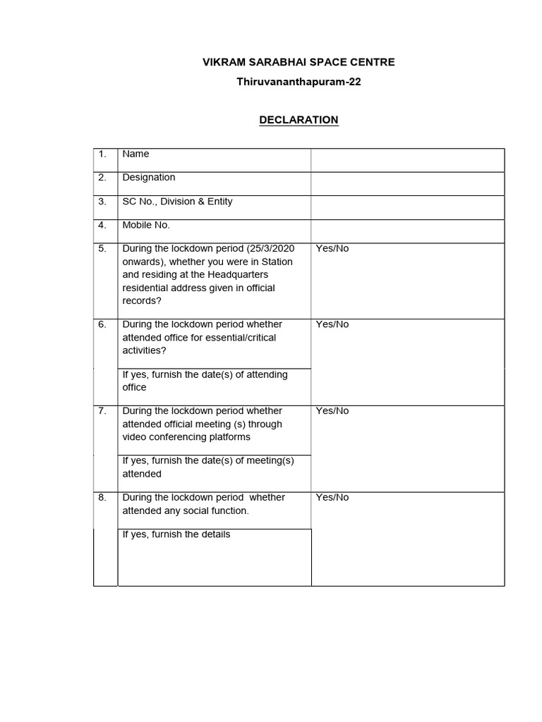 Lockdown Declaration Form Template | PDF