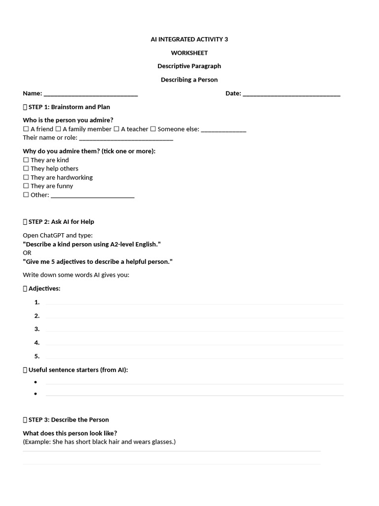 Descriptive Writing Worksheet for AI | PDF
