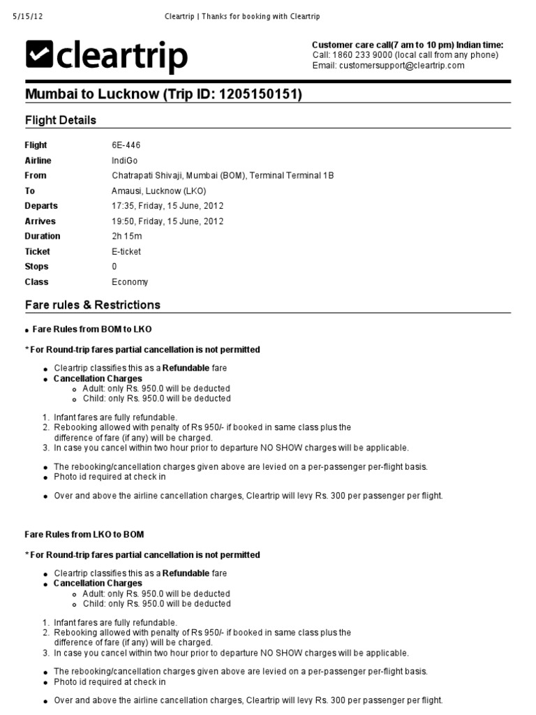 Cleartrip Flight Booking Confirmation | PDF | Airlines | Fare