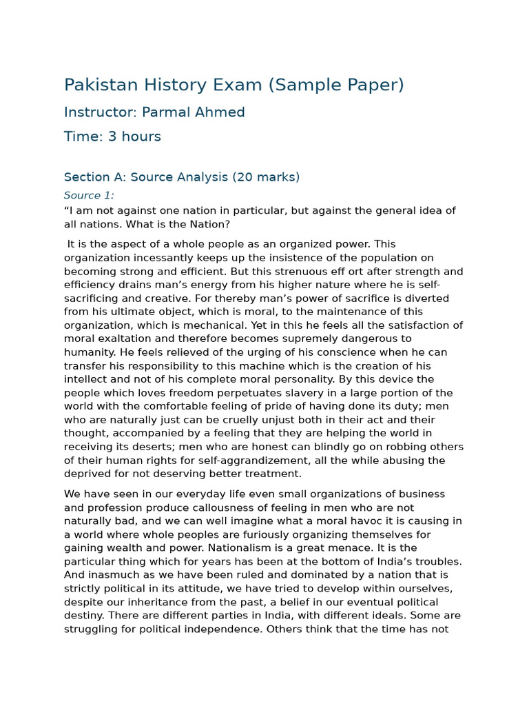 Pakistan History Exam Sample Paper | PDF | Freedom Of Speech | Citizenship
