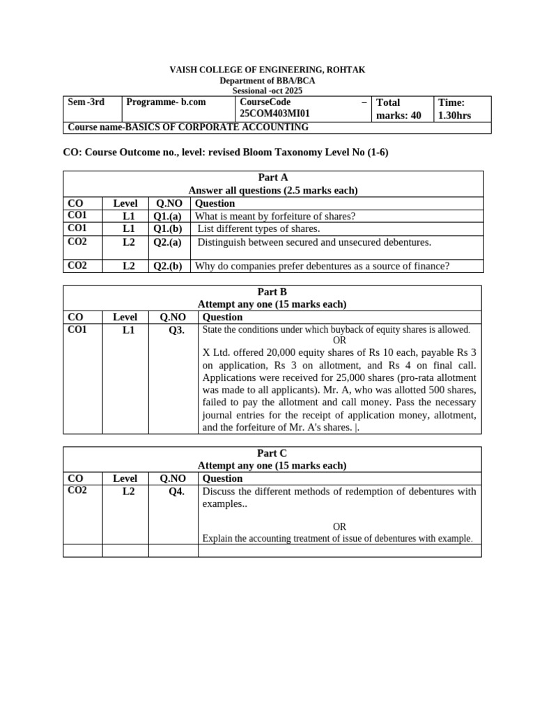 Corporate Accounting Exam Paper 2025 | PDF
