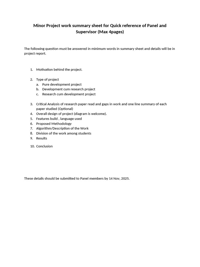 Minor Project Summary Sheet Template | PDF