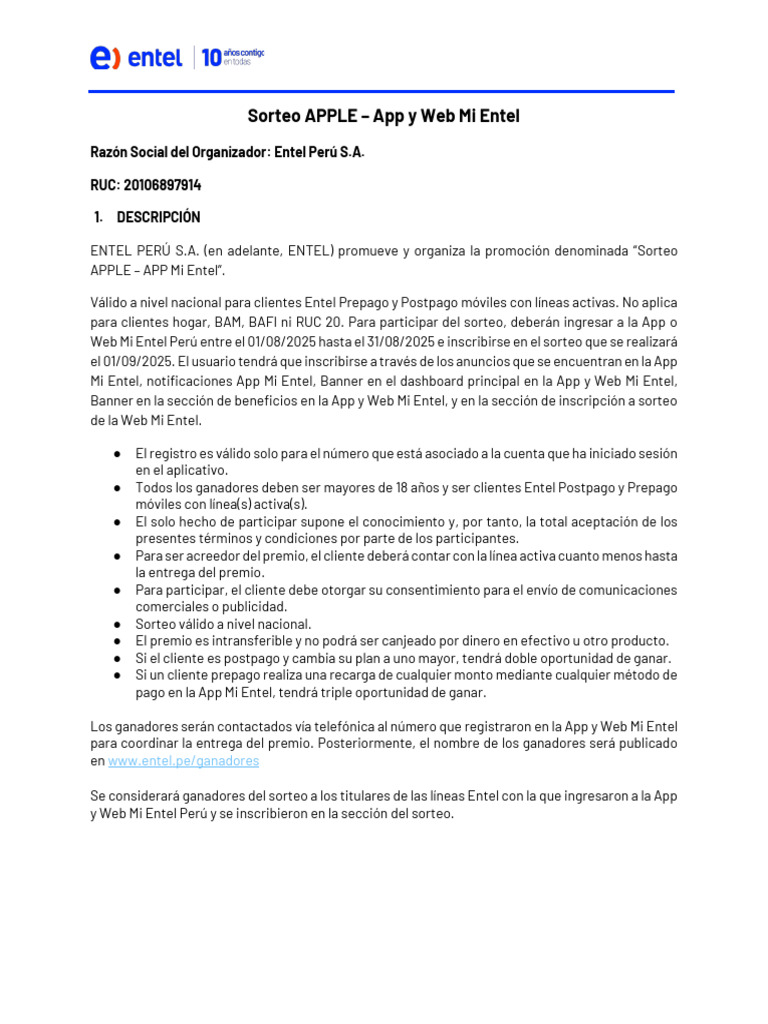 Tyc Sorteo Apple Agosto App y Web Mi Entel | PDF | Aplicación movil ...