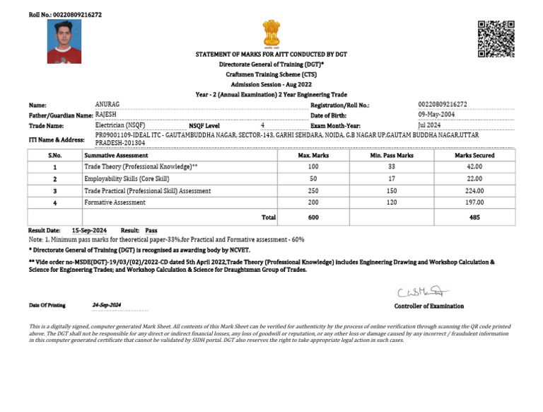 AITT Mark Sheet for Electrician Trade | PDF