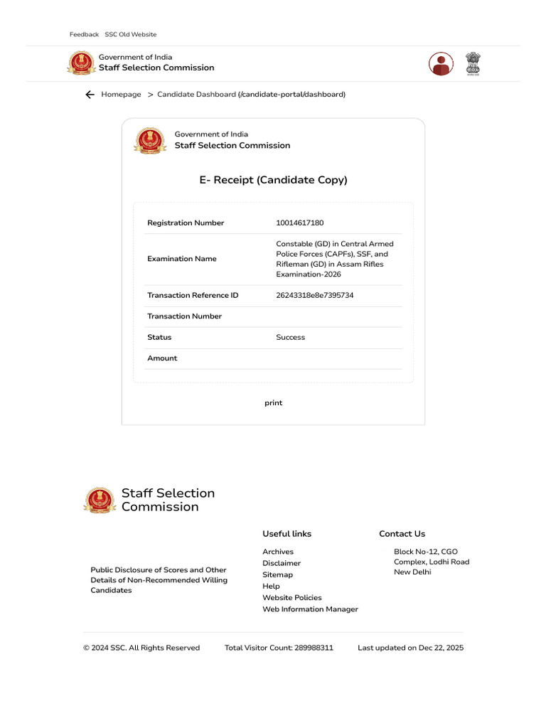 SSC Constable GD Exam E-Receipt 2026 | PDF