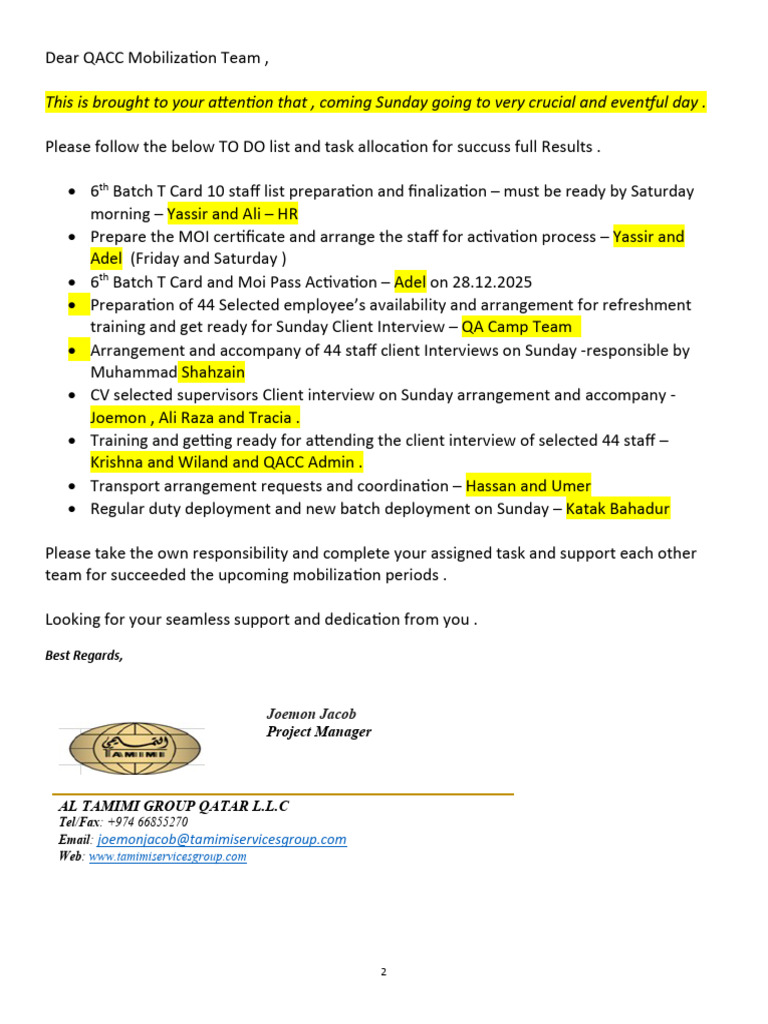 QACC Mobilization Team Task List | PDF