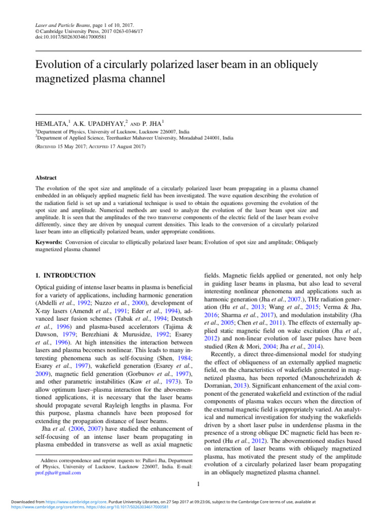 Evolution of A Circularly Polarized Laser Beam in An Obliquely | PDF ...
