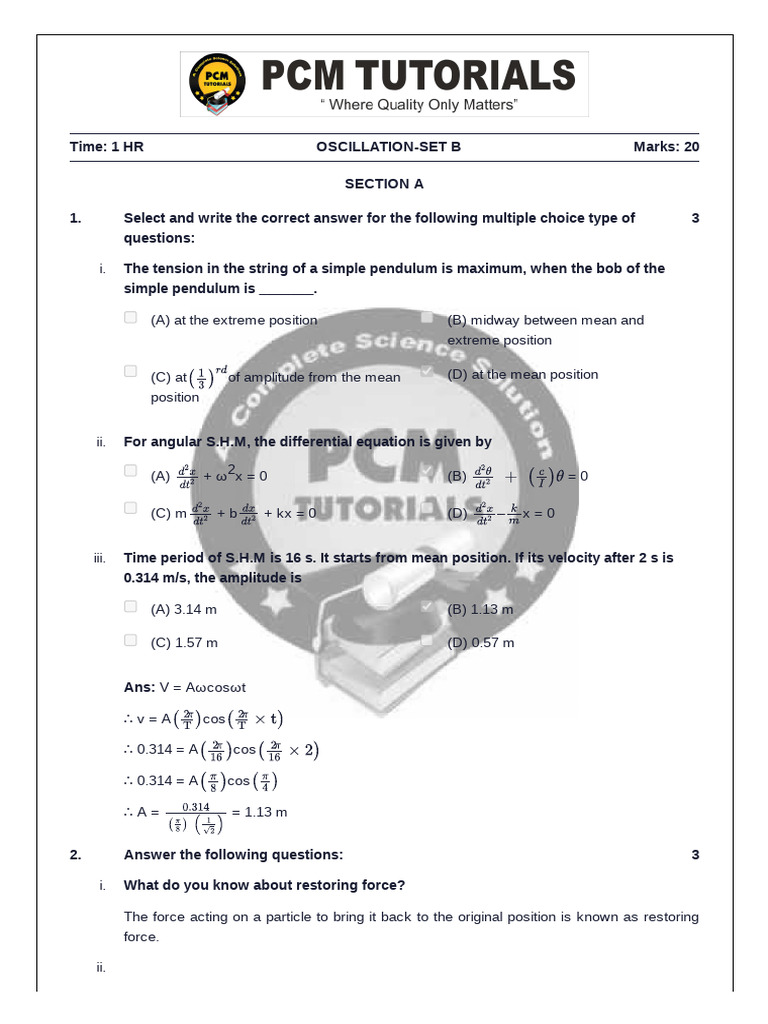 Answer Key Oscillation Set B | PDF | Force | Oscillation