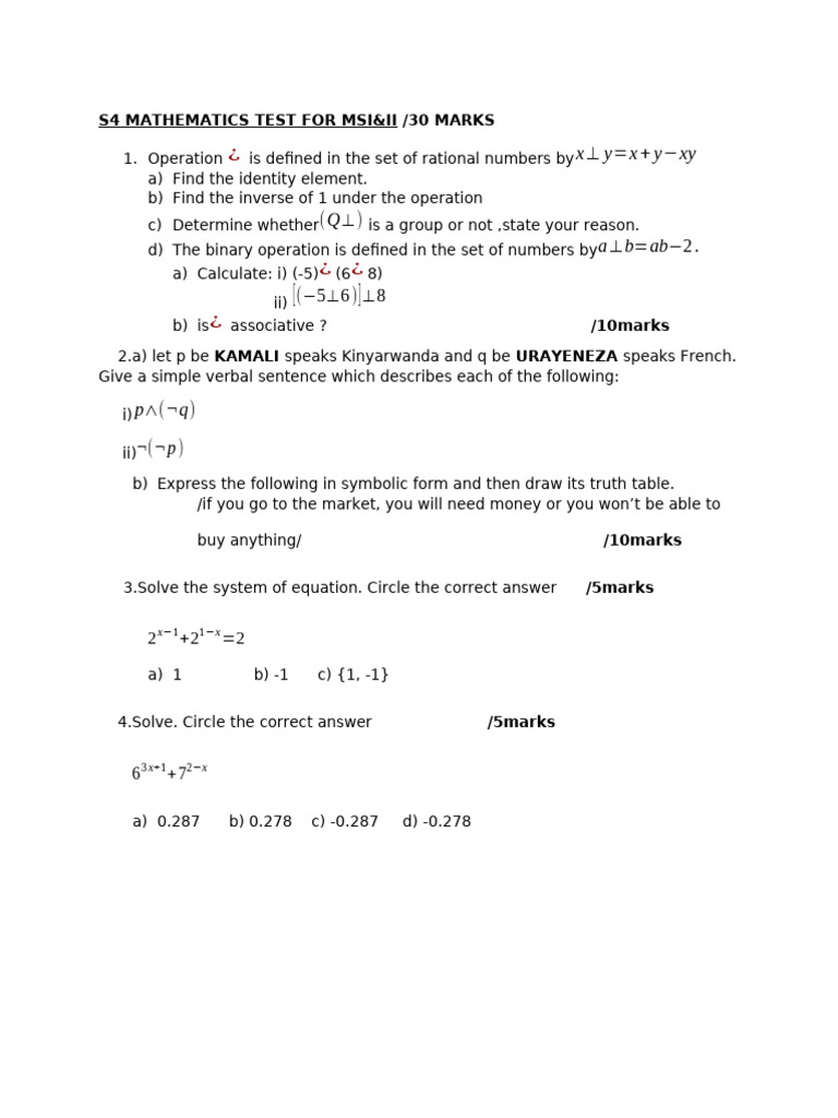 s4 Mathematics Test For Msi&II-1 | PDF
