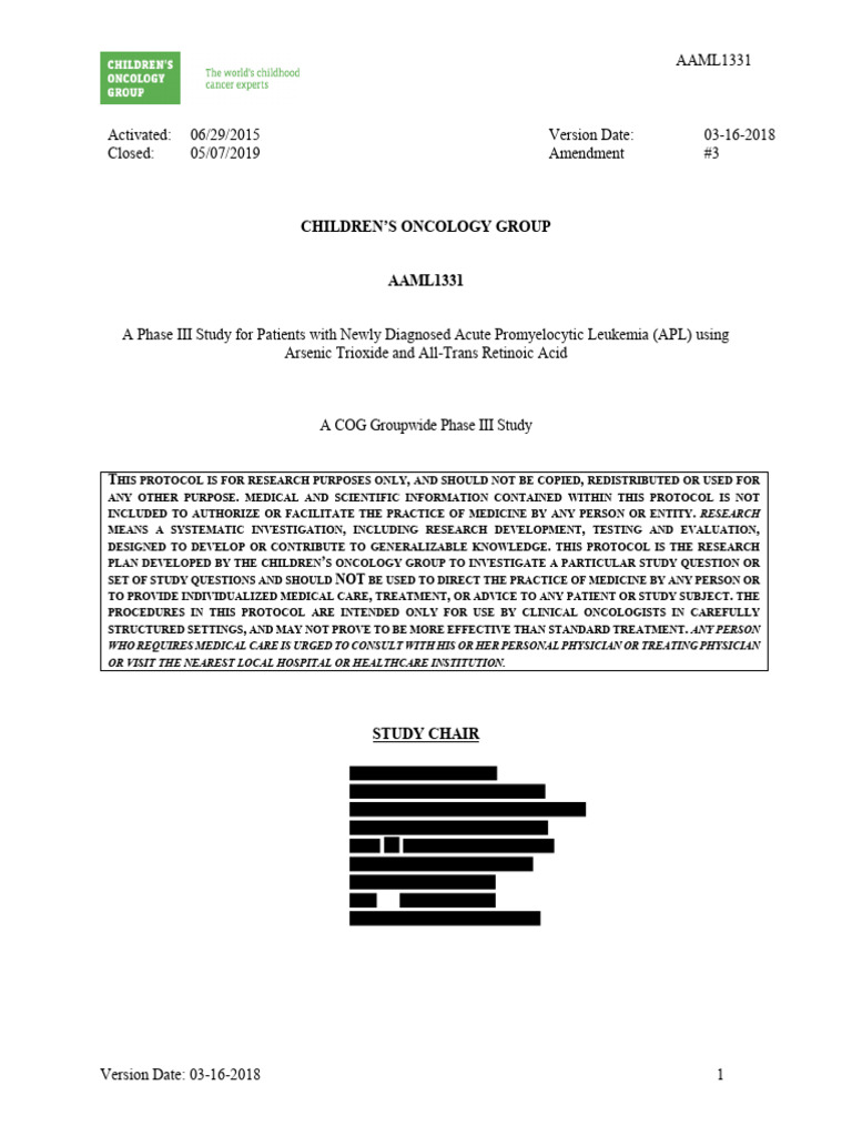 AAML1331: APL Treatment Study Protocol | PDF | Chemotherapy | Medical ...