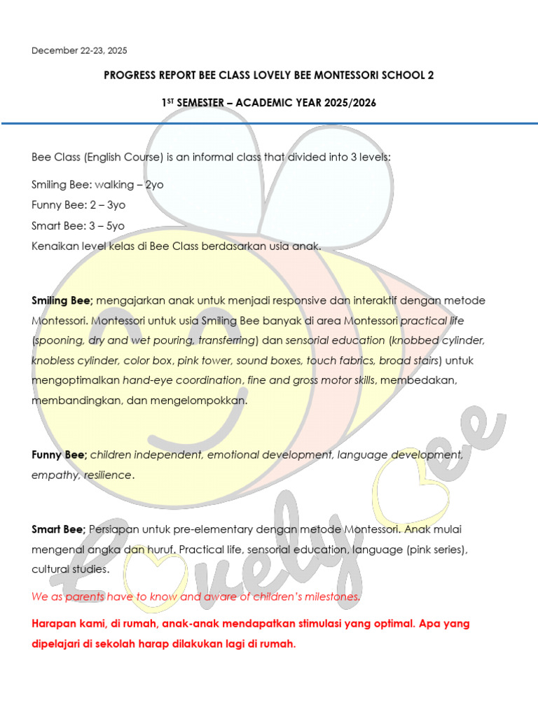 Montessori Progress Report for Bee Class | PDF | Childhood | Human Life ...