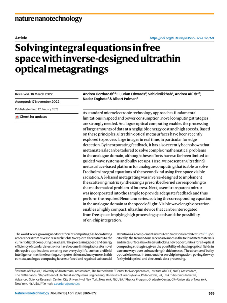 Ultrathin Metasurfaces for Optical Computing | PDF | Matrix ...