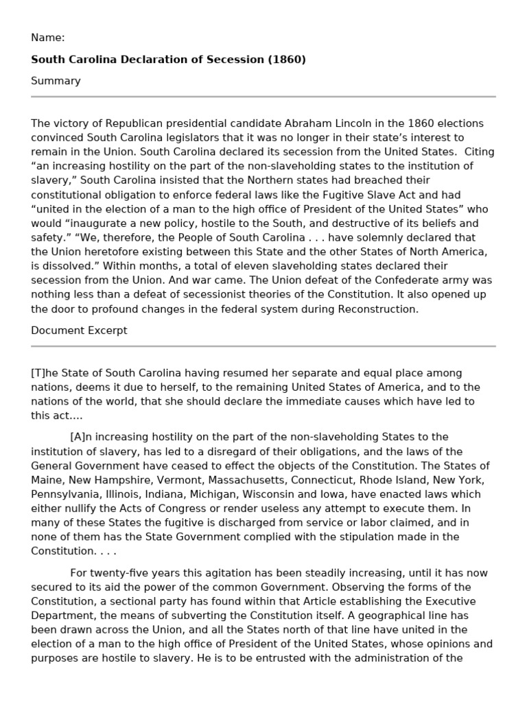 South Carolina Declaration of Secession | PDF | Slavery In The United ...