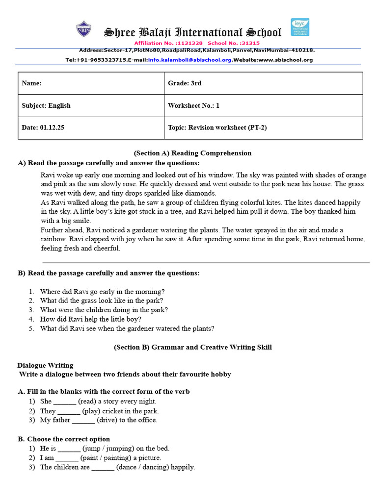 3rd Grade English Revision Worksheet | PDF