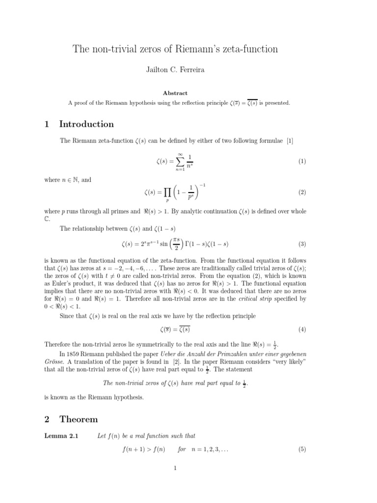 The Non Trivial Zeros of Riemanns Zeta F | PDF | Mathematics | Number ...