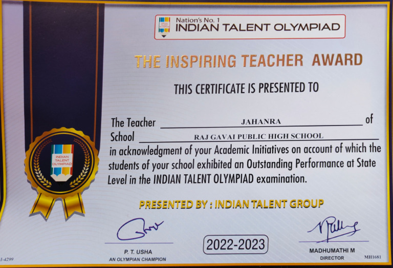 Indian Talent Olympiad Award Certificate | PDF