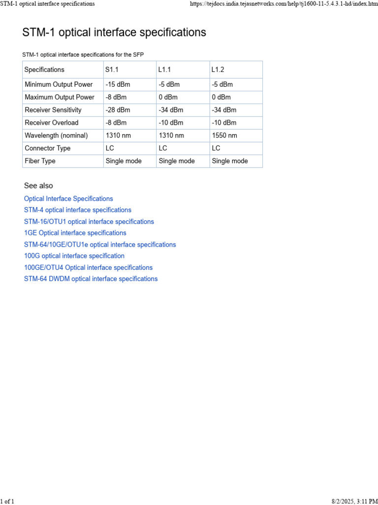 STM-1 Optical Interface Specifications | PDF
